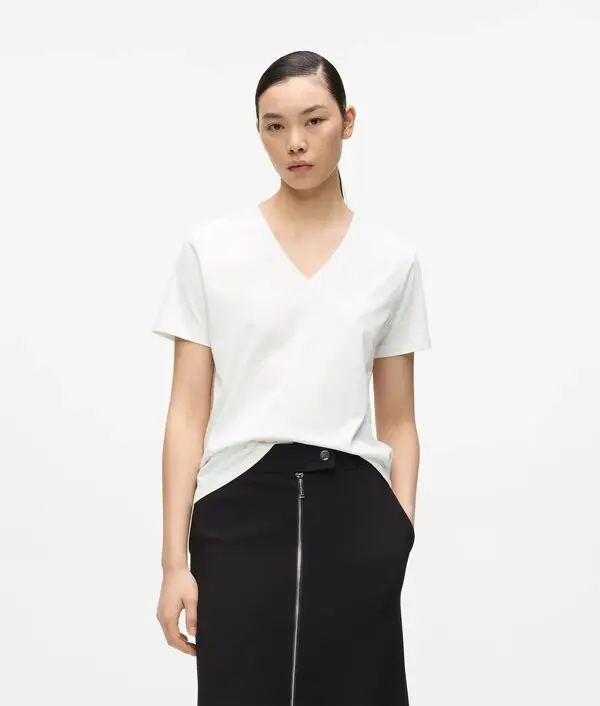 Karl Lagerfeld Signature V-neck T-shirt In Organic Cotton - White