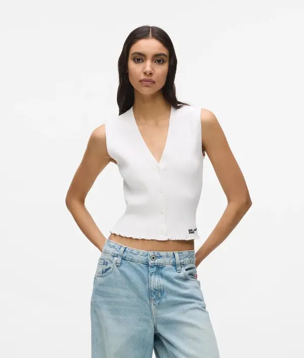 KL JEANS Jeans Sleeveless V-neck Rib-knit Button-down Top - White
