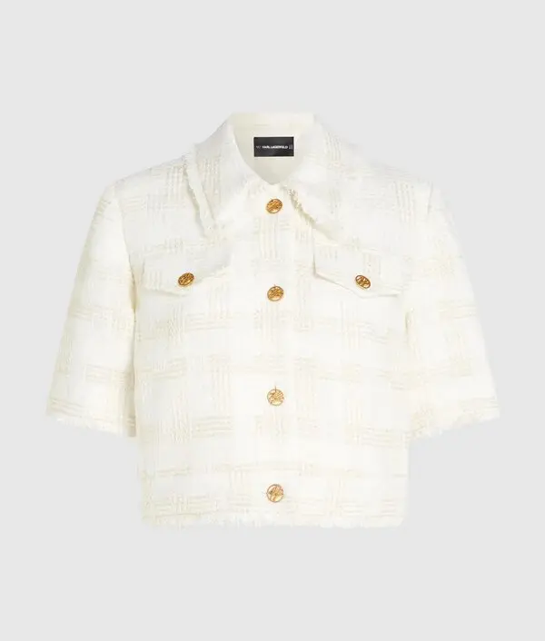 Karl Lagerfeld Short-sleeved Bouclé Cropped Blazer With Gold Autograph Buttons