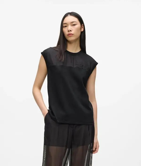 Karl Lagerfeld Signature Organza Panel Tank Top - Black
