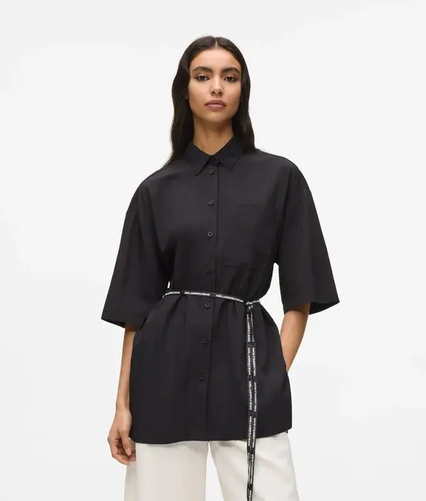 KL JEANS Short-sleeved Tie Waist Shirt - Black