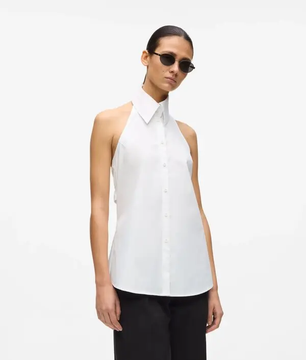 Karl Lagerfeld Organic Cotton Halterneck Tie Back Sleeveless Shirt - White