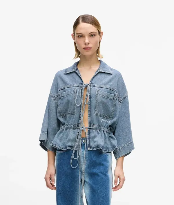 KL JEANS Short-sleeved Tie-front Denim Shirt - Washed Mid Blue