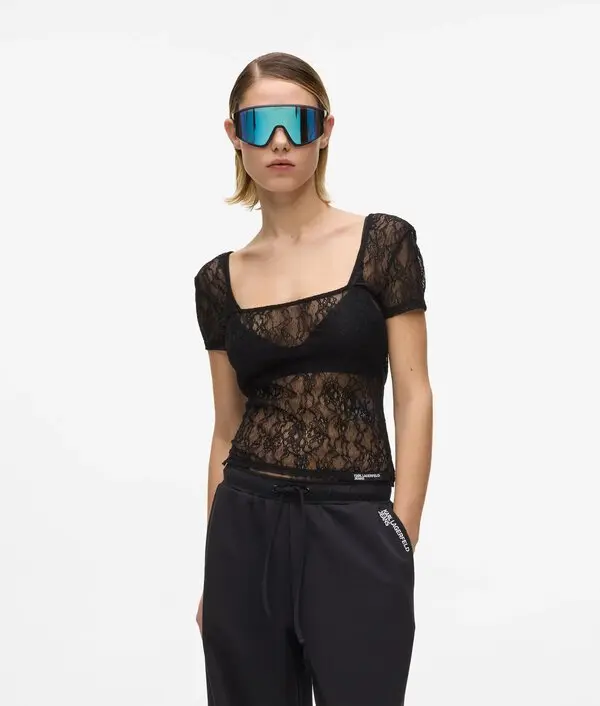KL JEANS Jeans Fitted Lace Cap Sleeve Top - Black