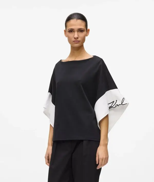 Karl Lagerfeld Wide Sleeve Top With Embroidered Logo - White/black