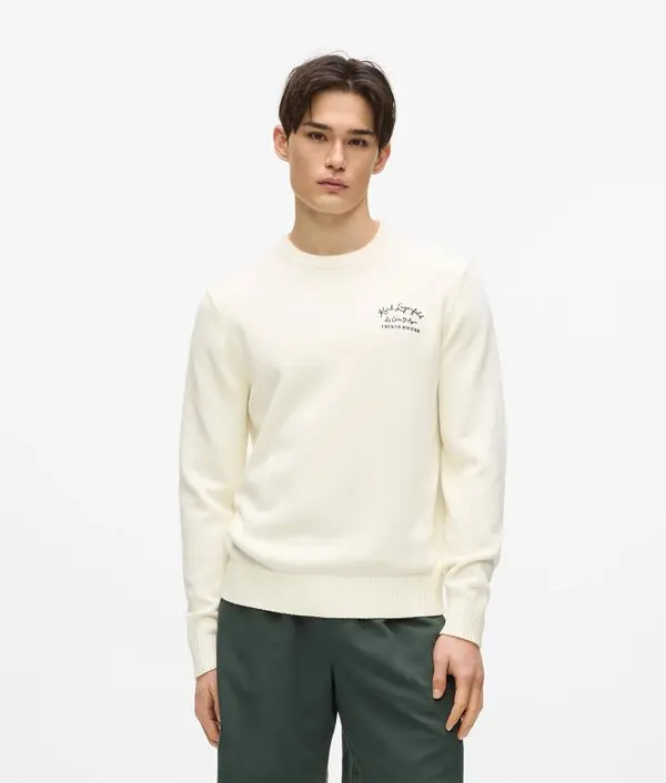 Karl Lagerfeld Crew Neck Cotton Sweater With Embroidered Artwork - Cannoli Cream