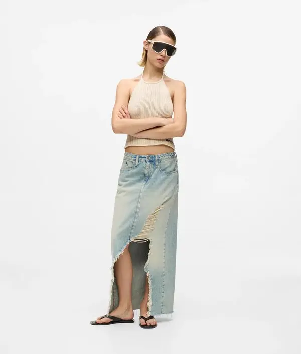 KL JEANS Distressed Denim Maxi Skirt - Tinted Washed Blue
