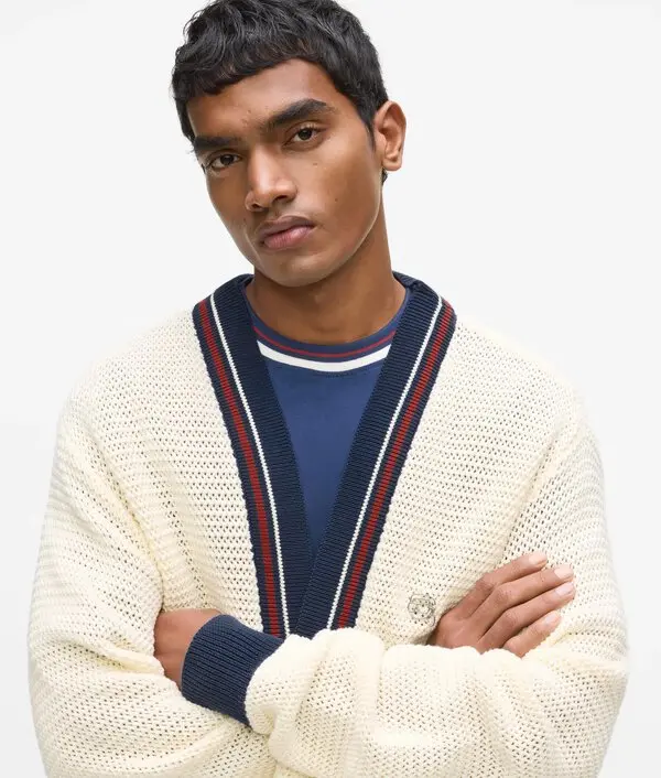 Karl Lagerfeld Ikon Textured Cardigan With Nautical Stripes