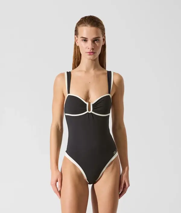 Karl Lagerfeld Signature Piped High-cut Swimsuit - Black