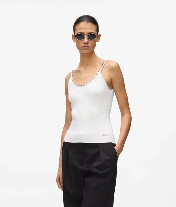 Karl Lagerfeld Ribbed Knit Chain Detail Sleeveless Top - White