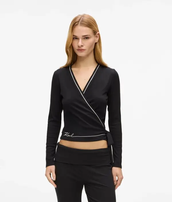 Karl Lagerfeld Signature Loungewear Wrap Top - Black