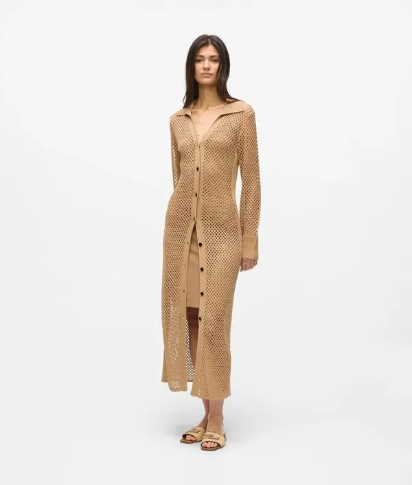 Karl Lagerfeld Long-sleeve Crochet Knit Maxi Dress - Nougat