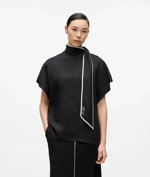 Karl Lagerfeld Linen Blend Pipelined Blouse - Black