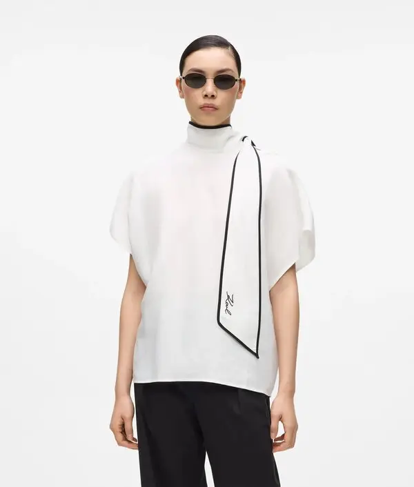 Karl Lagerfeld Short-sleeve High Neck Blouse With Self-tie Scarf And Contrast Piping - Pristine