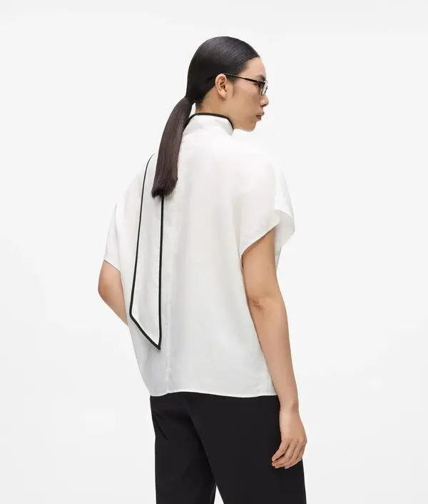 Karl Lagerfeld Short-sleeve High Neck Blouse With Self-tie Scarf And Contrast Piping - Pristine