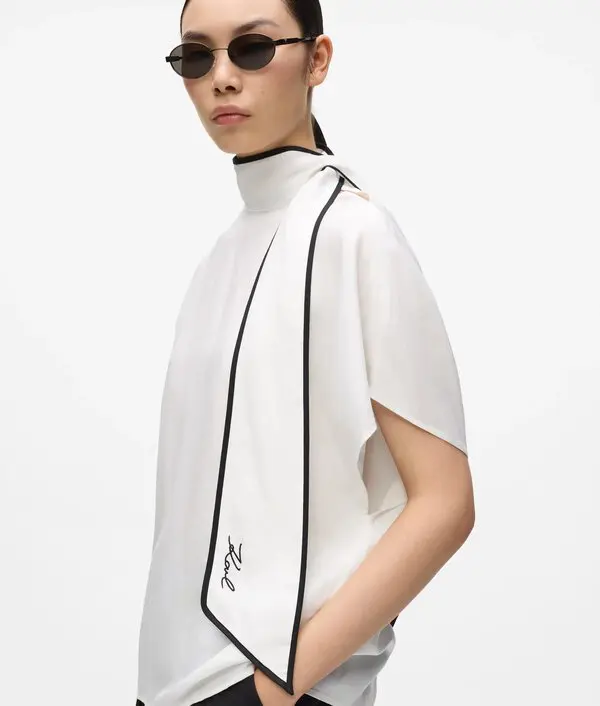 Karl Lagerfeld Short-sleeve High Neck Blouse With Self-tie Scarf And Contrast Piping - Pristine