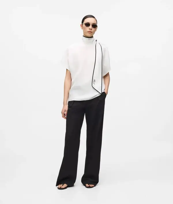 Karl Lagerfeld Short-sleeve High Neck Blouse With Self-tie Scarf And Contrast Piping - Pristine