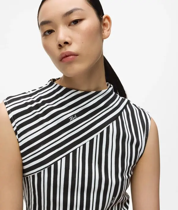 Karl Lagerfeld Striped High Neck Tank Top - Black Stripes