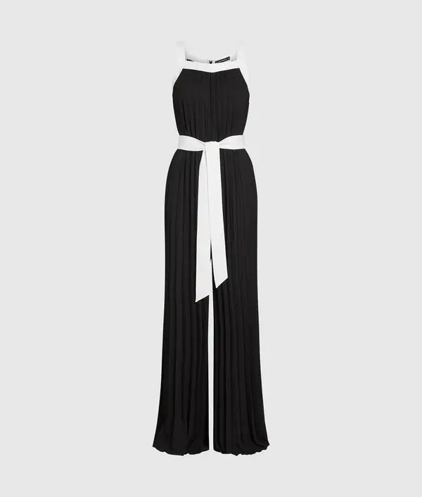 Karl Lagerfeld Pleated Jumpsuit With White Trim And Logo Belt - Black