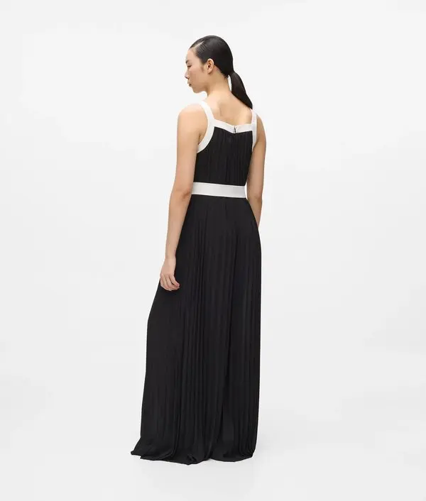 Karl Lagerfeld Pleated Jumpsuit With White Trim And Logo Belt - Black