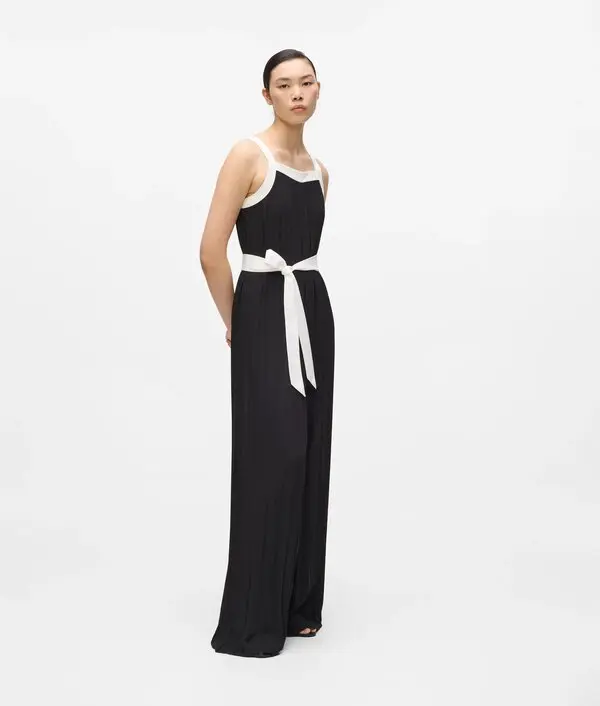Karl Lagerfeld Pleated Jumpsuit With White Trim And Logo Belt - Black