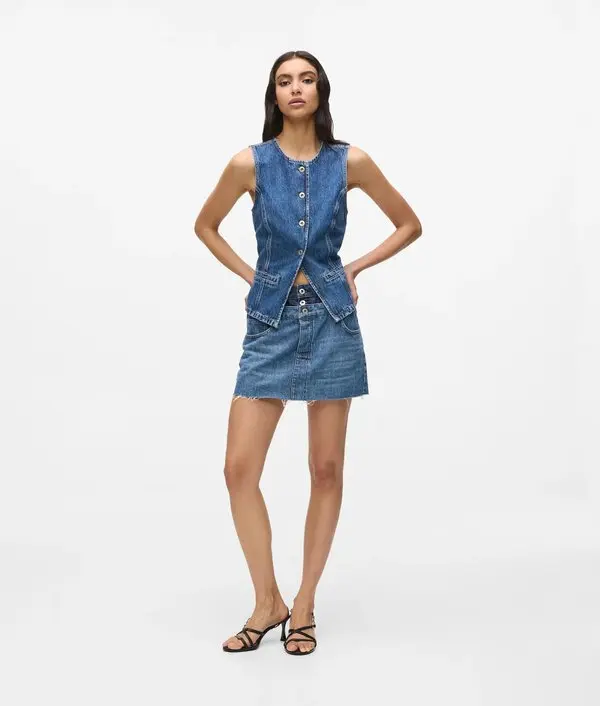 KL JEANS Dual-layer Denim Mini Skirt - Mid Blue Blocked