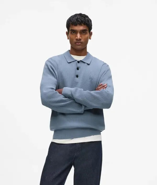 Karl Lagerfeld Rib Knit Long-sleeved Polo Shirt - Country Blue