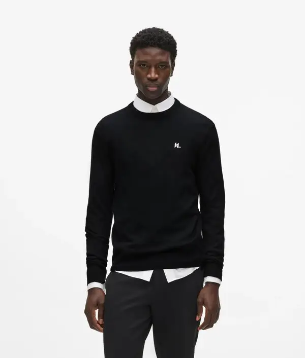 Karl Lagerfeld Merino Wool Crew Neck Sweater With Monogram Embroidery - Black