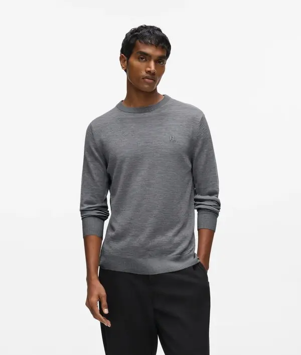 Karl Lagerfeld Merino Wool Crew Neck Sweater With Monogram Embroidery - Medium Grey Melange