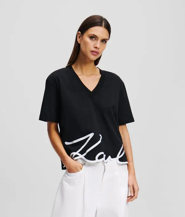 Karl Lagerfeld Embroidered V-neck T-shirt - Black