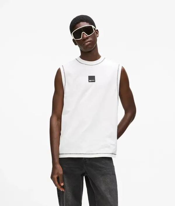 KL JEANS Relaxed Contrast Stitch Sleeveless Top - White