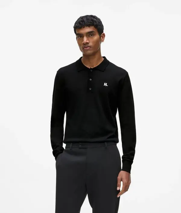 Karl Lagerfeld Merino Wool Long-sleeved Polo Shirt - Black