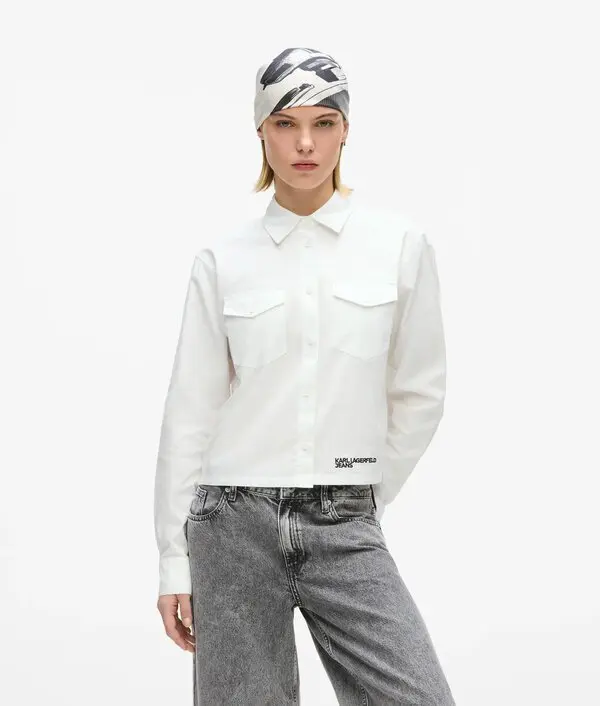 Karl Lagerfeld Logo Embroidered Cropped Oxford Shirt - White
