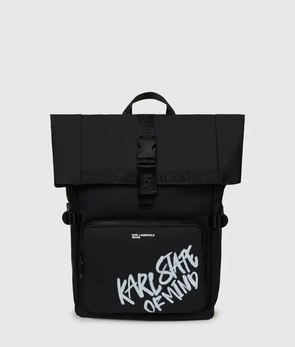 KL JEANS Jeans Coated Roll-top Backpack With Graphic Artwork - Black