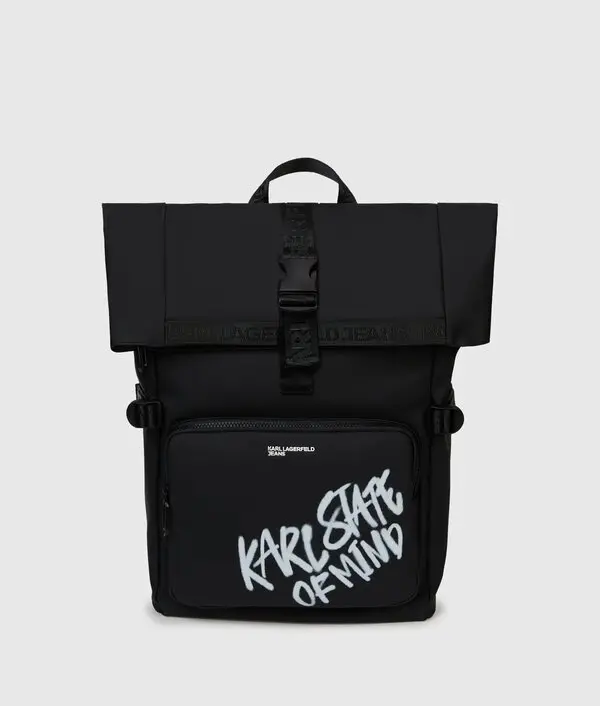 KL JEANS Jeans Coated Roll-top Backpack With Graphic Artwork - Black