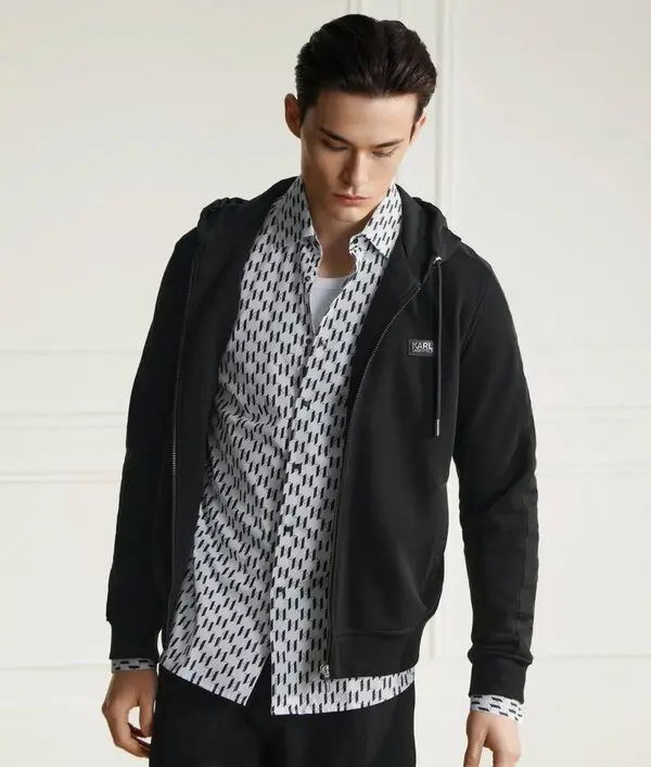 Karl Lagerfeld Cotton Blend Zip-up Hoodie With Nylon Accents And Logo