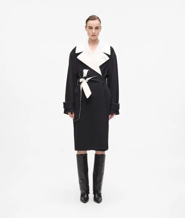 Karl Lagerfeld Classic Wool Blend Coat With Contrasting Collar - White/black