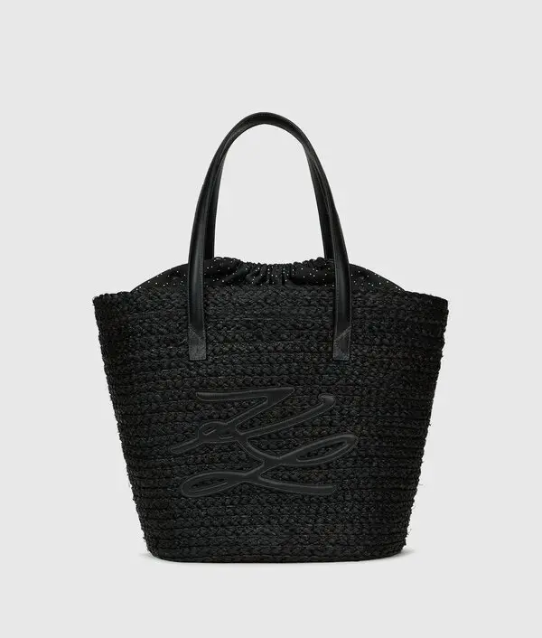 Karl Lagerfeld Autograph Raffia Beach Tote - Black
