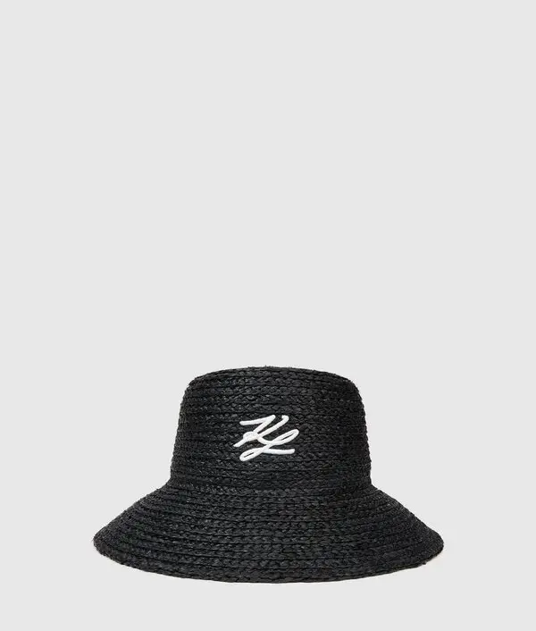 Karl Lagerfeld Autograph Raffia Beach Bucket Hat - Black