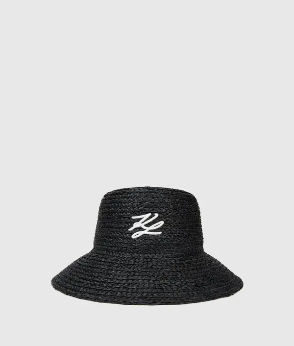 Karl Lagerfeld Autograph Raffia Beach Bucket Hat - Black