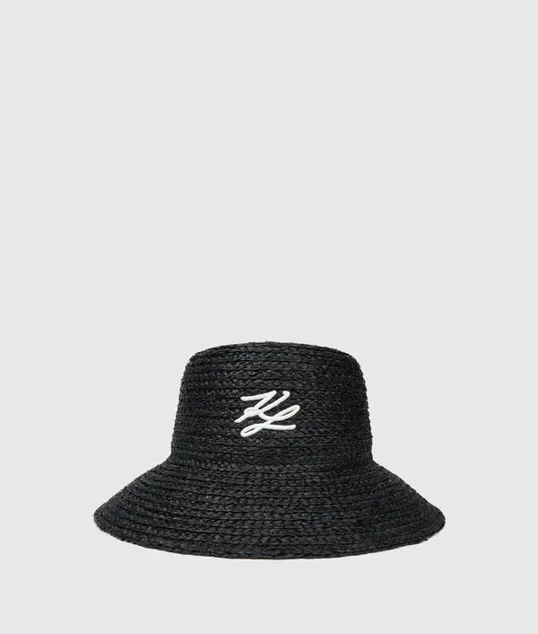 Karl Lagerfeld Autograph Raffia Beach Bucket Hat - Black