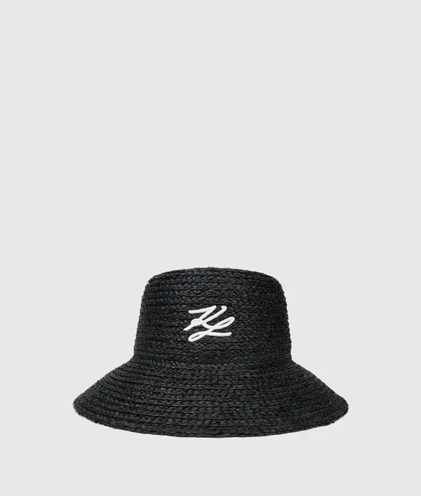 Karl Lagerfeld Autograph Raffia Beach Bucket Hat - Black