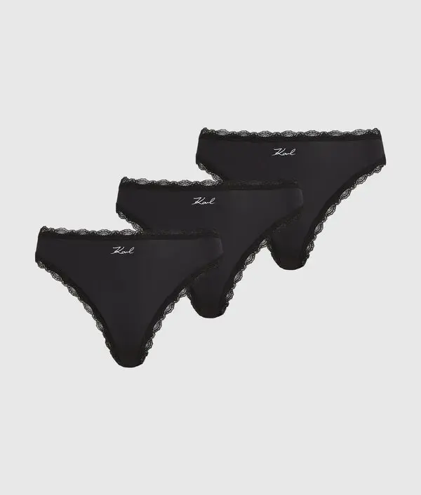 Karl Lagerfeld Signature Lace Trim Thong – 3-pack - Black