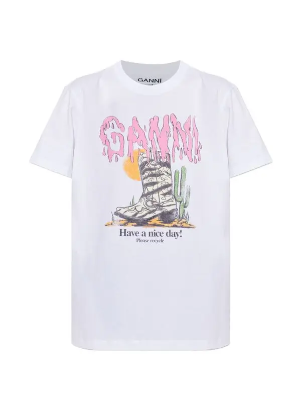 GANNI Printed Cotton T-shirt - White