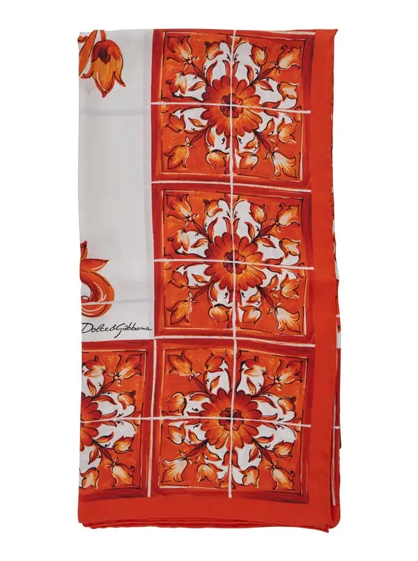 Dolce & Gabbana Square Scarf With All-over Majolica Print In Silk For - Orange