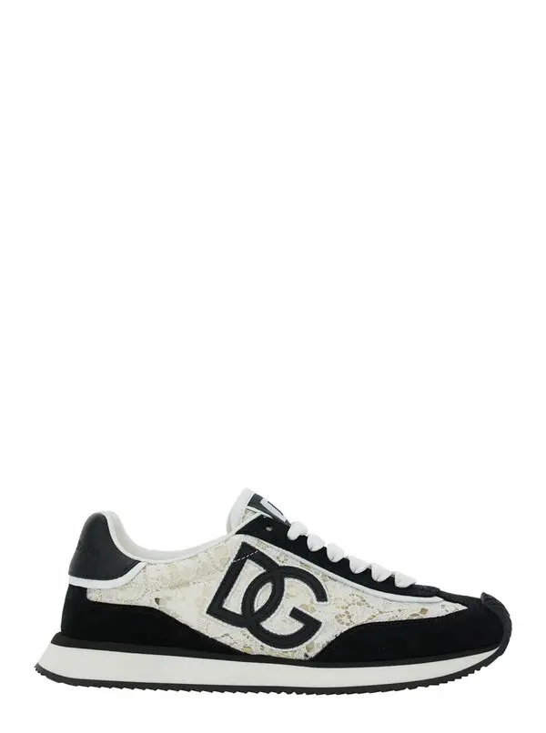 Dolce & Gabbana Black And White Low Top With Lace Details And Dg Patch On The Side In Fabric And Suede Blend - Multicolor
