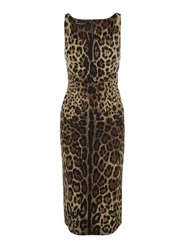Dolce & Gabbana Brown Sleeveless Midi Dress With All-over Leopard Print In Silk Stretch For - Multicolor