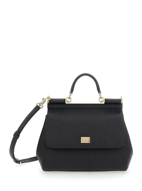 Dolce & Gabbana Sicily" Grained Leather Handbag With Logo Plate - Black