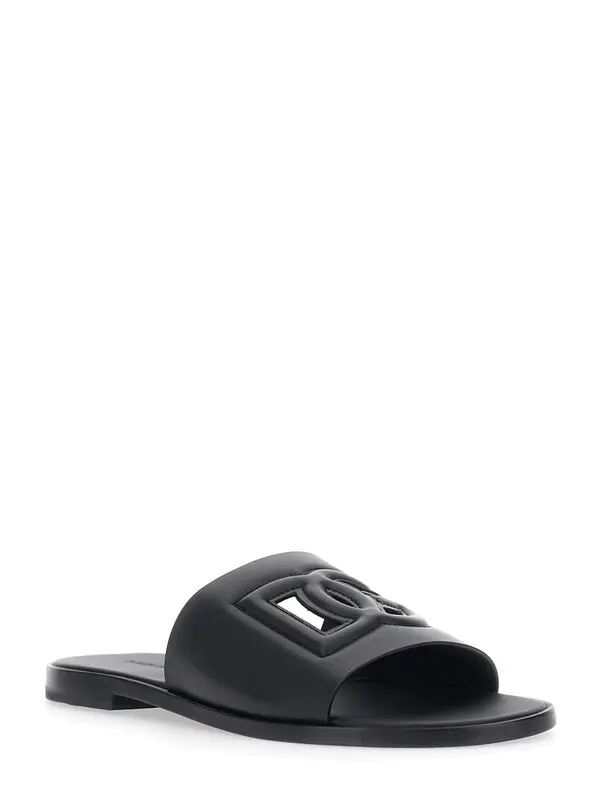 Dolce & Gabbana Leather Cut-out Logo Detail Flat Sandals - Black