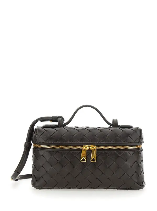 Bottega Veneta Vanity Case With Removable Shoulder Strap And Intreccio Motif In Leather - Brown